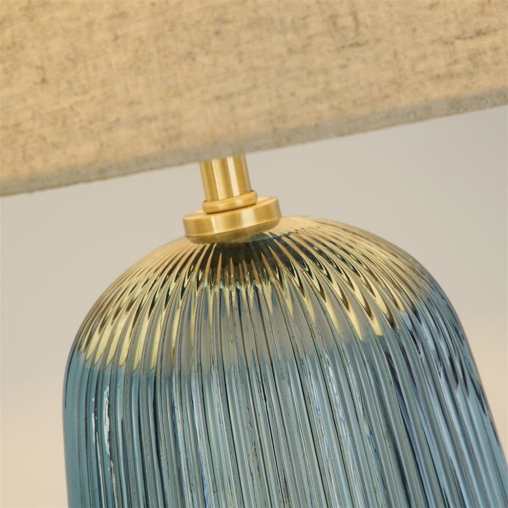Blue Ribbed Glass Modern Table Lamp With Natural Linen Shade 530mm ...