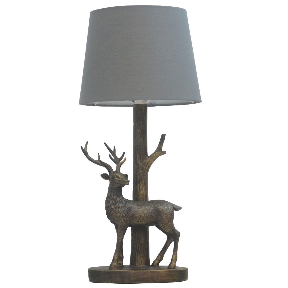 Antique Gold Sika Deer Stag Table Lamp with Grey Tapered Shade 44cm ...