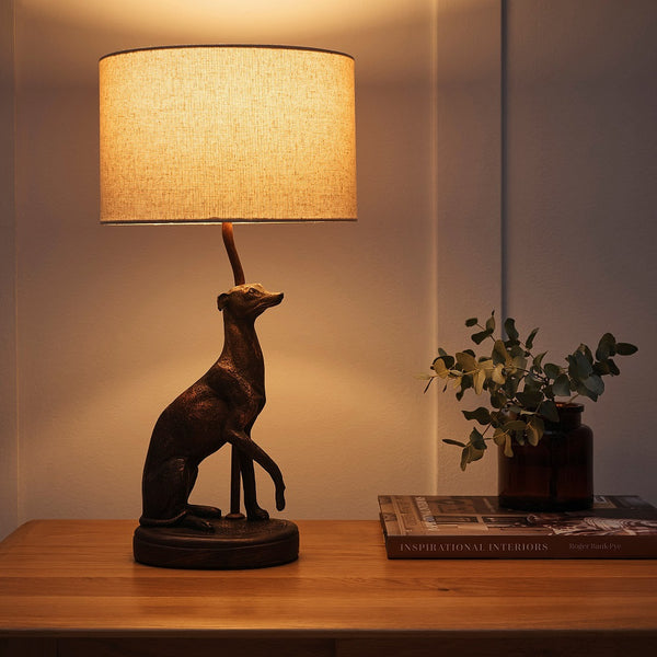 Antique Copper Greyhound Table Lamp with Natural Linen Drum Shade 48cm ...