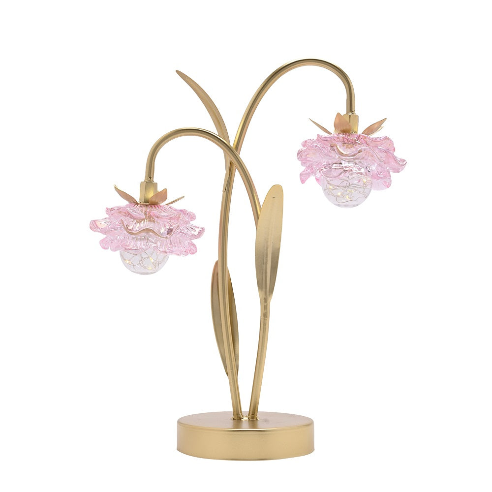 Gold and Pink Glass Flower Double Stem Battery Powered LED Table Lamp ...