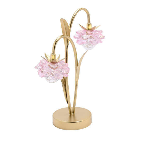 Gold and Pink Glass Flower Double Stem Battery Powered LED Table Lamp ...