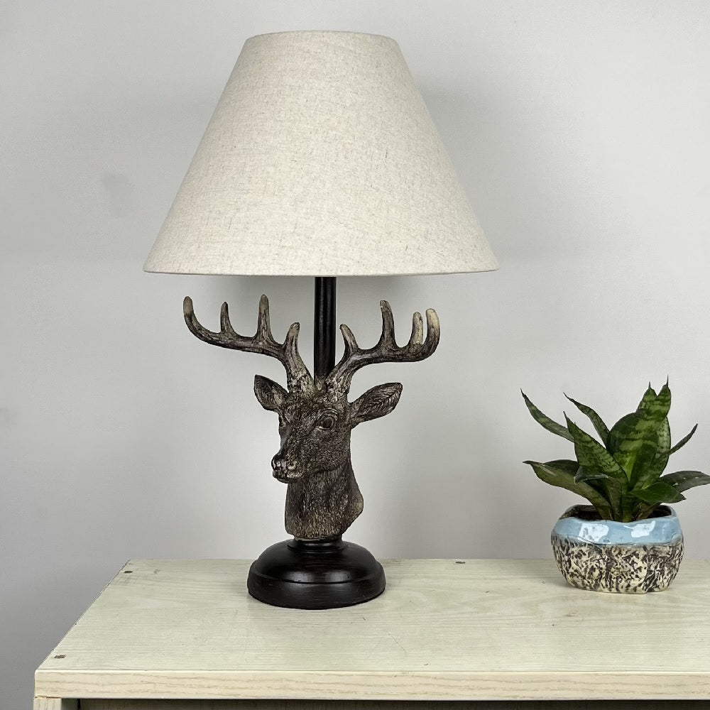 Brown Rustic Stag Head Sculpture Vintage Table Lamp Linen Shade 50cm ...