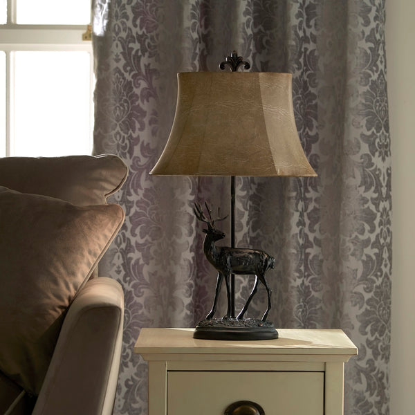 Antique Black Faline Deer Stag Table Lamp with Natural Faux Tapered Sh ...