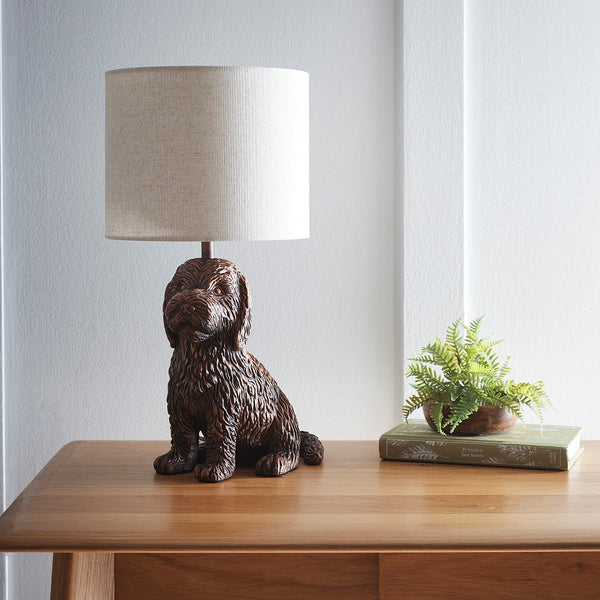 Antique Copper Sitting Puppy Table Lamp with Natural Linen Drum Shade ...