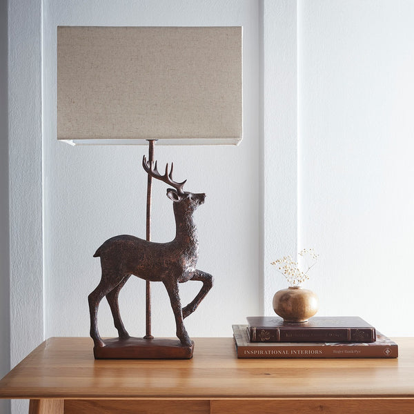 Antique Copper Stag Table Lamp with Natural Linen Rectangular Shade 61 ...