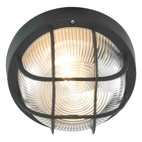 Black & Ribbed Glass Outdoor Modern Round Bulkhead Wall Light 18cm ...
